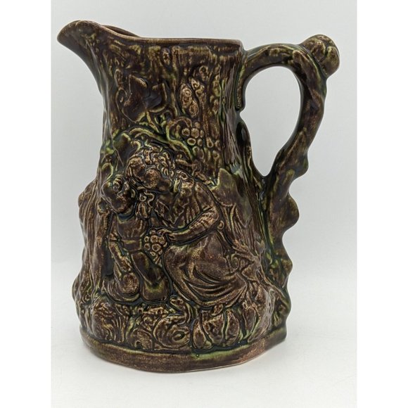 Dining | Unique Pitcher 3d Wood Scene Artisan Crafted Pottery Brown ...